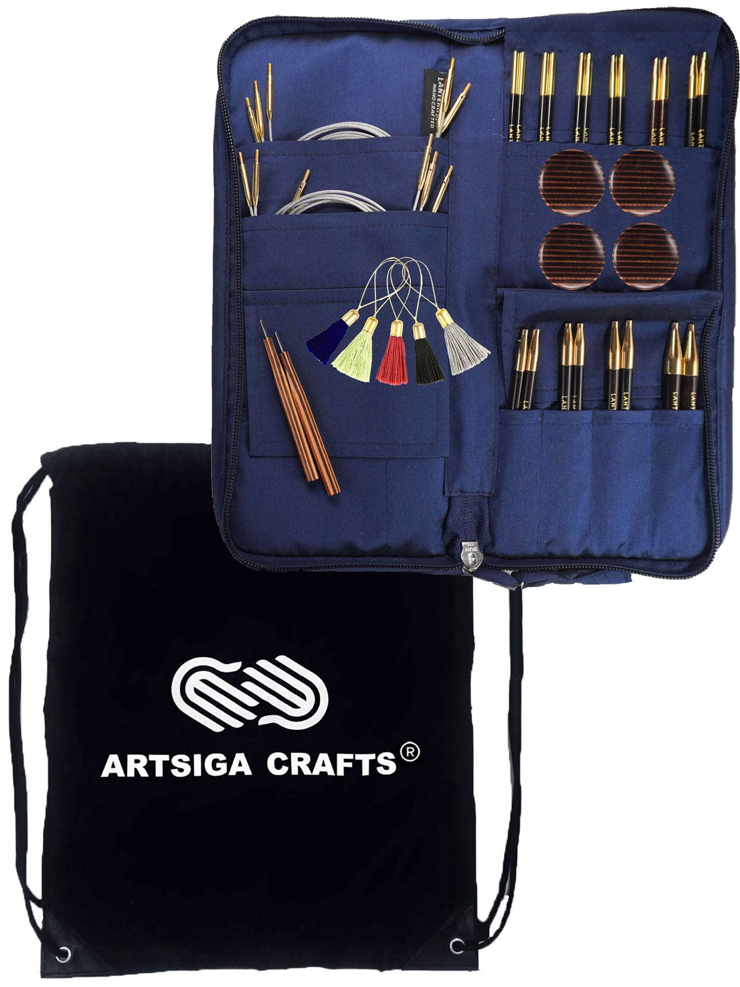 Lantern Moon Heirloom 5-Inch 10-Pair Interchangeable Circular Knitting Needle Set Handcrafted Ebony US 2.5, 3, 4, 5, 6, 7, 8, 9, 10, 11, Silk Case, 3 Cords, 4 End Caps with Project Bag
