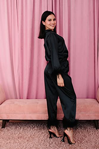 Belle's Design Feather Bridal Pajamas - Satin Silk Pants and Long Sleeve Feather Trim, Wedding, Bachelorette Party Sleepwear, Black/Small