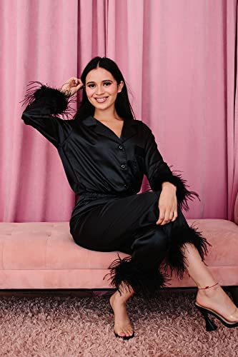 Belle's Design Feather Bridal Pajamas - Satin Silk Pants and Long Sleeve Feather Trim, Wedding, Bachelorette Party Sleepwear, Black/Small