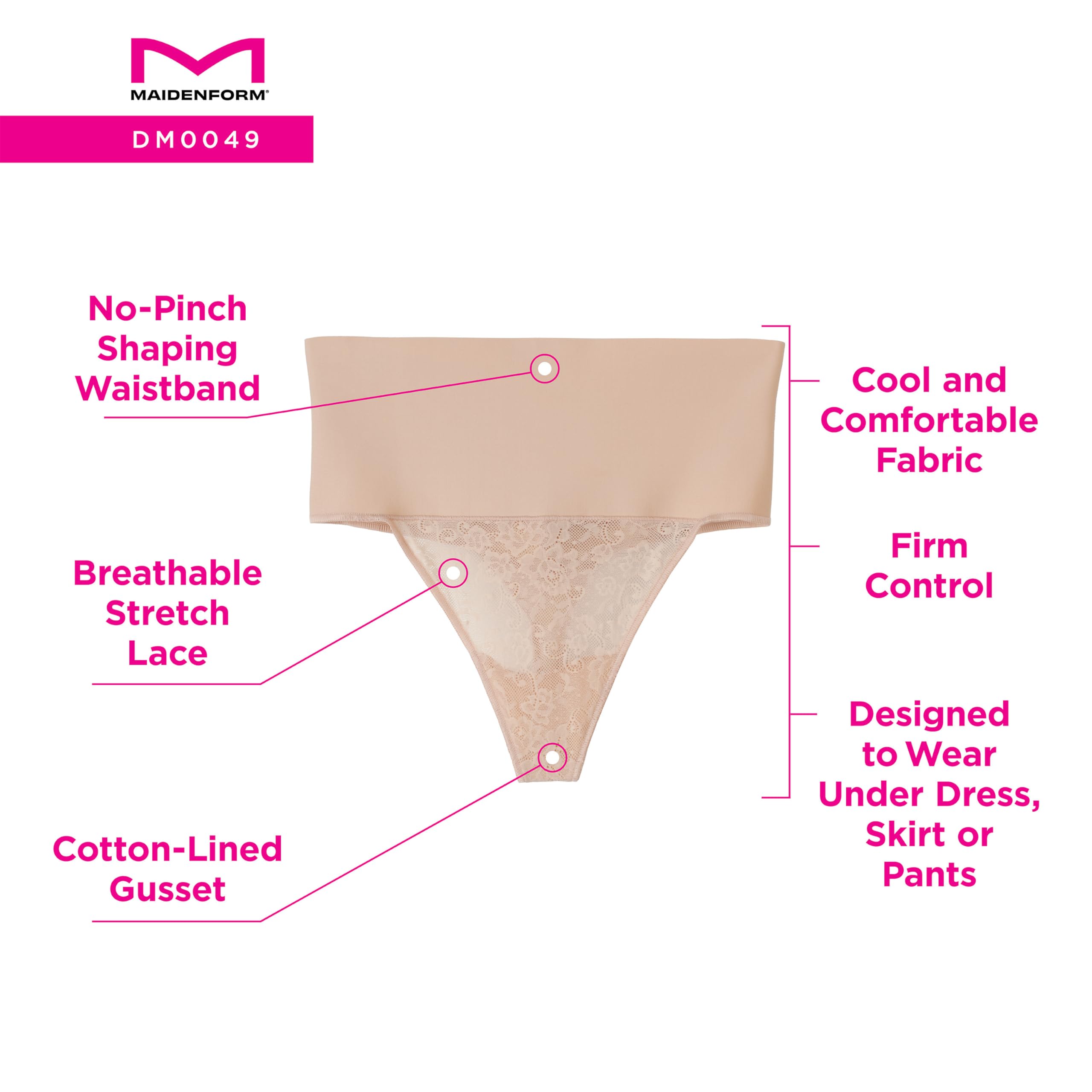 Maidenform womens Tame Your Tummy Shaping Lace Thong With Cool Comfort Dm0049 Waist Shapewear, Black Lace, X-Large US