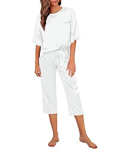 SWOMOG Womens 2 Piece Satin Pajamas Silk Short Sleeve Pjs Sets Capri Bottom Pajama Pants Loose Outfit with Pockets White X-Large