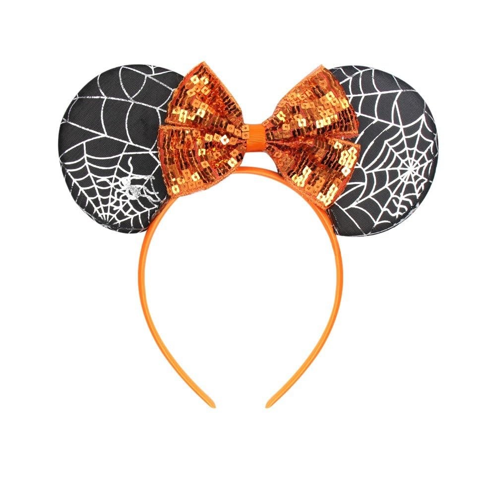 JUTTIRA Halloween Mouse Ears Hair Band Bow Headbands Halloween Headwear, Spider Web Hair Hoop Princess Head Bopper Cosplay Costume Tiara (Black Orange)