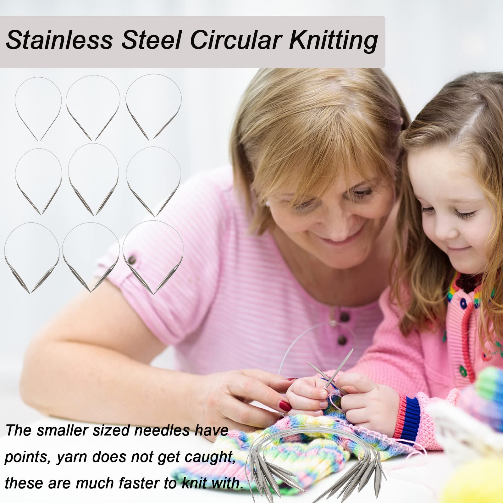 9 Pieces Size Marked US 0-15 Circular Knitting Needle Stainless Steel Knitting Needle Set for Beginner