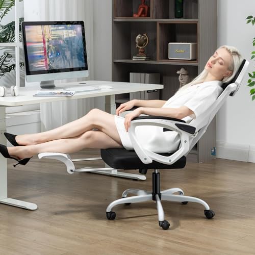 Naudhenm Office Chair Mid Back Swivel Lumbar Support Desk Chair,Computer Gaming Chair with Comfortable Armrests, Mesh Desk Chairs with Wheels, Swivel Computer Task Chair (White)
