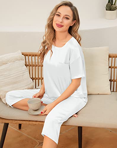 SWOMOG Womens 2 Piece Satin Pajamas Silk Short Sleeve Pjs Sets Capri Bottom Pajama Pants Loose Outfit with Pockets White X-Large