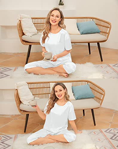 SWOMOG Womens 2 Piece Satin Pajamas Silk Short Sleeve Pjs Sets Capri Bottom Pajama Pants Loose Outfit with Pockets White X-Large