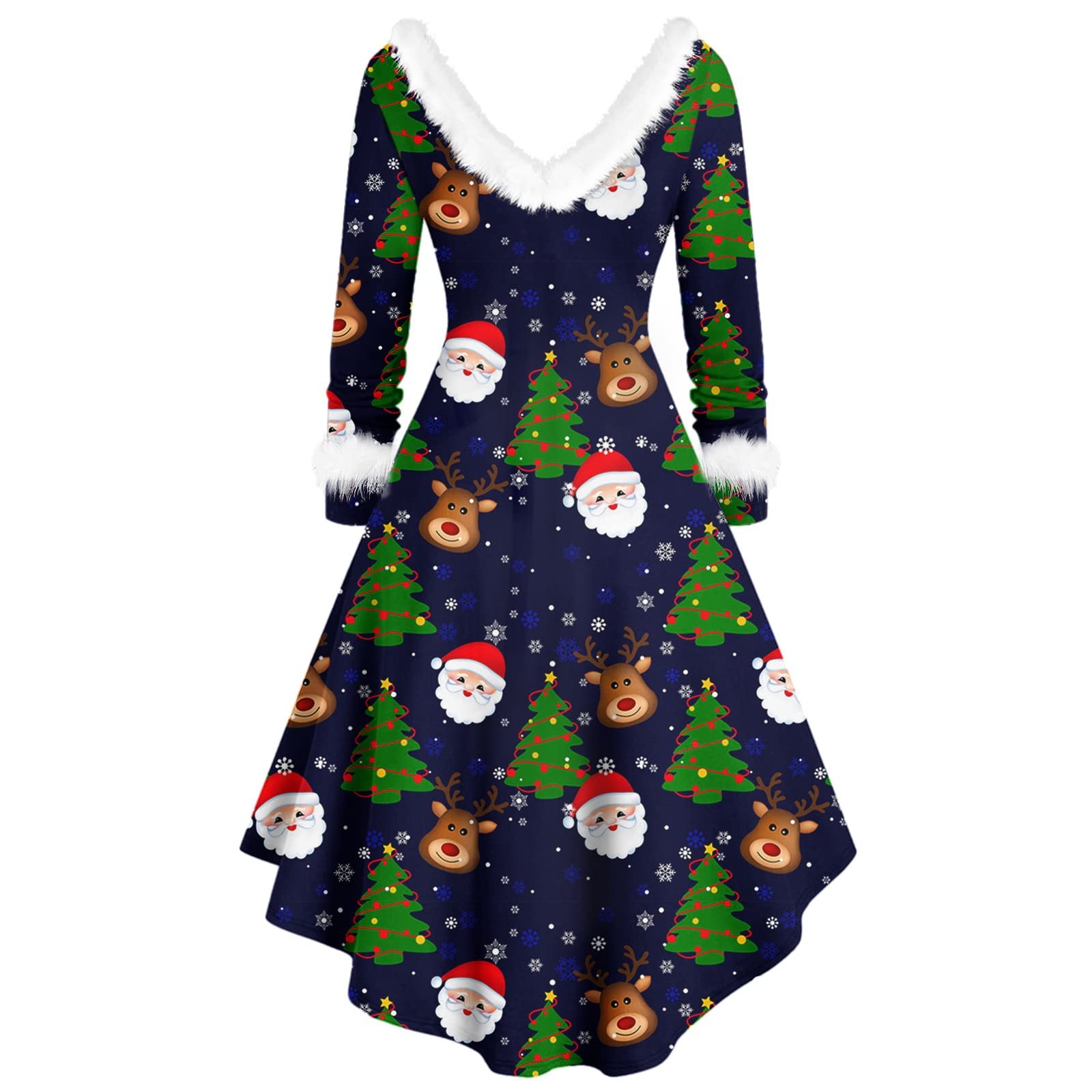 Red Dresses for Women Sexy Santa Christmas Printed Midi Dresses Furry V-Neck A-Line Swing Party Dress Cosplay Costume