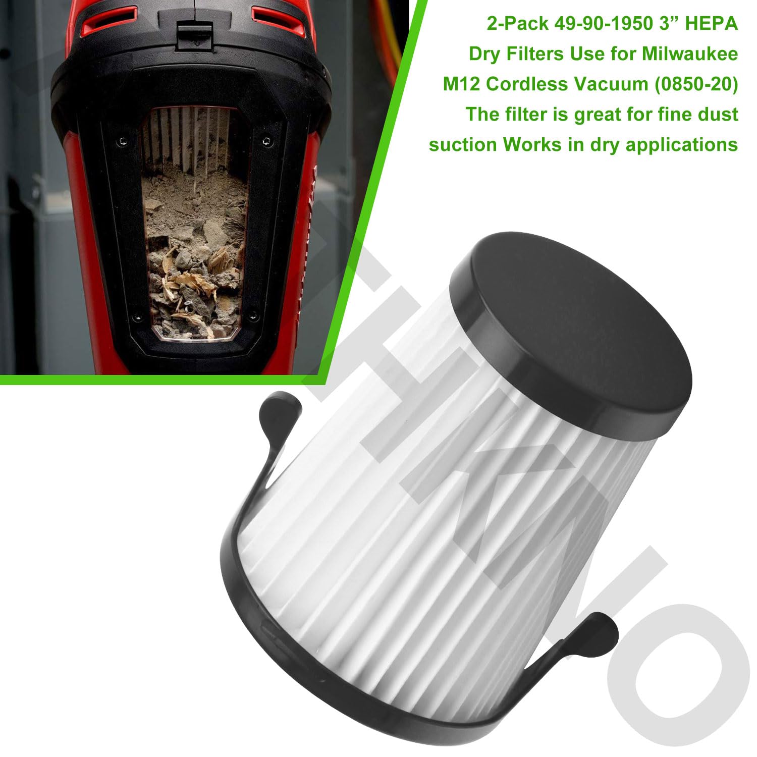 2-Pack 49-90-1950 HEPA Dry Filters Replacement for Milwaukee M12 0850-20 Compact Vacuum