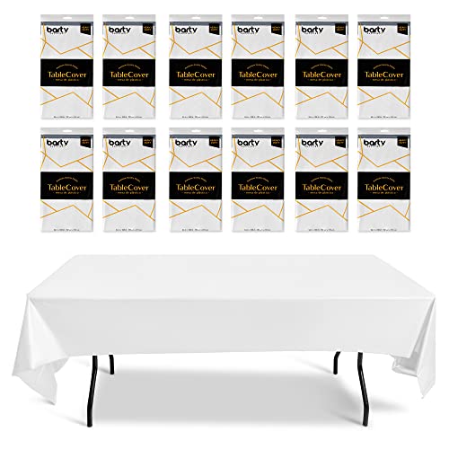 Plastic Table Cloths for Parties Disposable, Pack of 12, Thick White Tablecloth Good for Wedding, Birthday, Picnic Camping, also 12 Clips for disposable tablecloths for rectangle tables - 54x108-inch