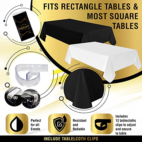 Plastic Table Cloths for Parties Disposable, Pack of 12, Thick White Tablecloth Good for Wedding, Birthday, Picnic Camping, also 12 Clips for disposable tablecloths for rectangle tables - 54x108-inch