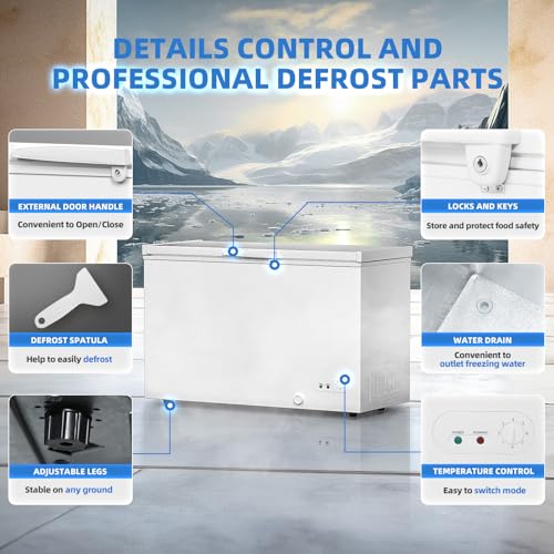 Aplancee 10 Cu.Ft. Chest Freezer 1 Removable Basket Deep Small Compact Freezer Top Door 7 Temperature Control from -13℉-14℉ Energy Saving Home Restaurant Kitchen Office RVs White