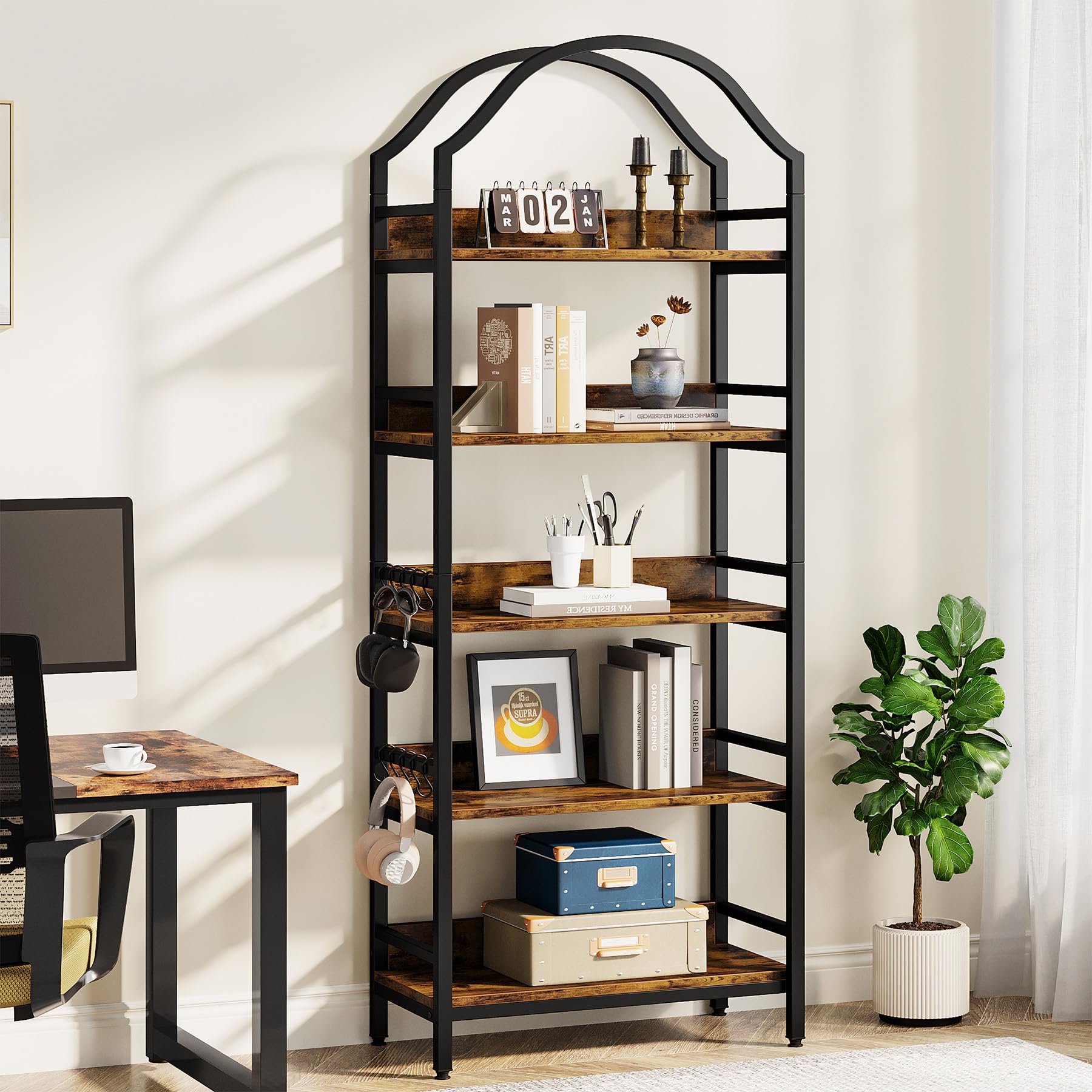 Tribesigns 5-Tier Bookshelf, 73" Tall Arched Bookcase, Industrial Wood Storage Rack Open Shelves with 4 Hooks, Modern Standing Bookshelves Metal Frame Display Rack for Home Office, Brown, 1 Pc