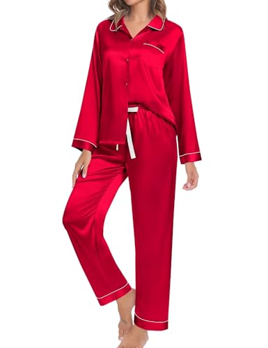 SWOMOG Couple Silk Satin Pajamas Set 2Pcs Matching Famliy Sleepwear Button Down Loungewear Men & Women Pjs with Pants Red