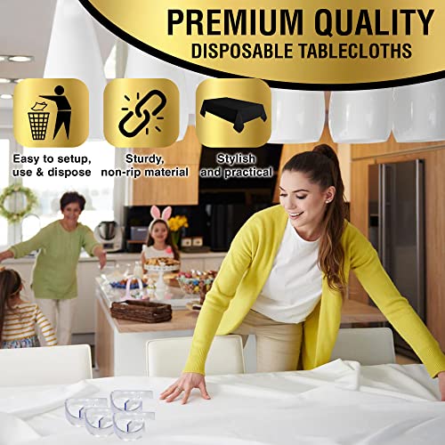 Plastic Table Cloths for Parties Disposable, Pack of 12, Thick White Tablecloth Good for Wedding, Birthday, Picnic Camping, also 12 Clips for disposable tablecloths for rectangle tables - 54x108-inch