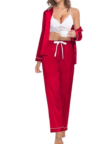 SWOMOG Couple Silk Satin Pajamas Set 2Pcs Matching Famliy Sleepwear Button Down Loungewear Men & Women Pjs with Pants Red