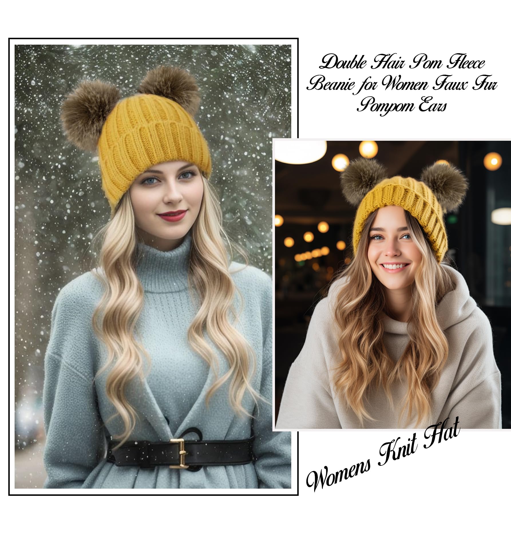 Arctic Paw Beanie for Women Cable Knit Beanie with Faux Fur Pompom Ears Yellow