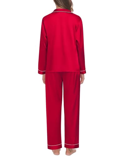 SWOMOG Couple Silk Satin Pajamas Set 2Pcs Matching Famliy Sleepwear Button Down Loungewear Men & Women Pjs with Pants Red