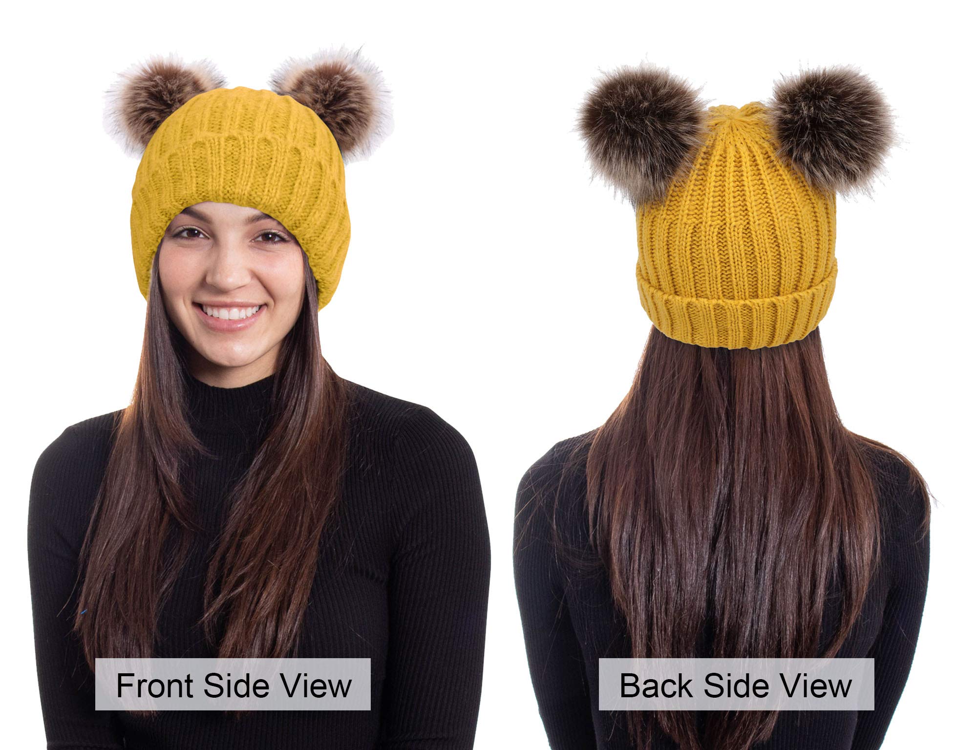 Arctic Paw Beanie for Women Cable Knit Beanie with Faux Fur Pompom Ears Yellow