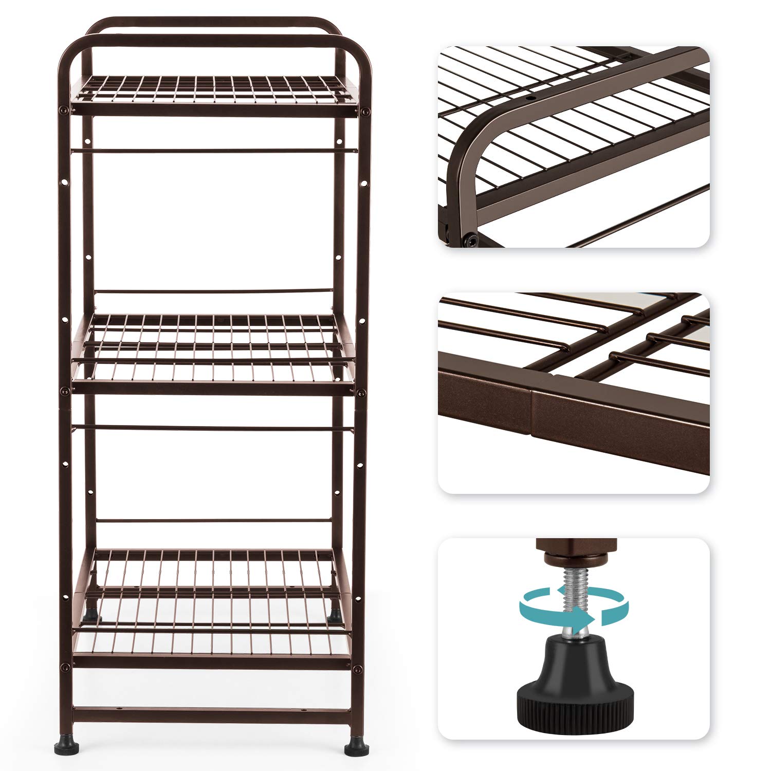Auledio 3 Tiers Metal Shelves, Unit Storage Rack, Wire Shelving with Leveling Feet for Kitchen Counter, Living Room, Bethroom, Toliet, Garage, Office - Bronze