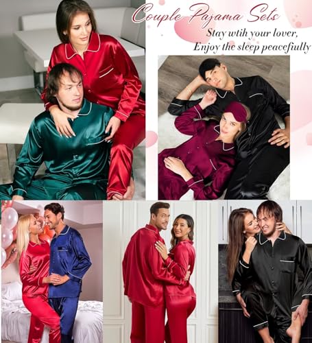 SWOMOG Couple Silk Satin Pajamas Set 2Pcs Matching Famliy Sleepwear Button Down Loungewear Men & Women Pjs with Pants Red