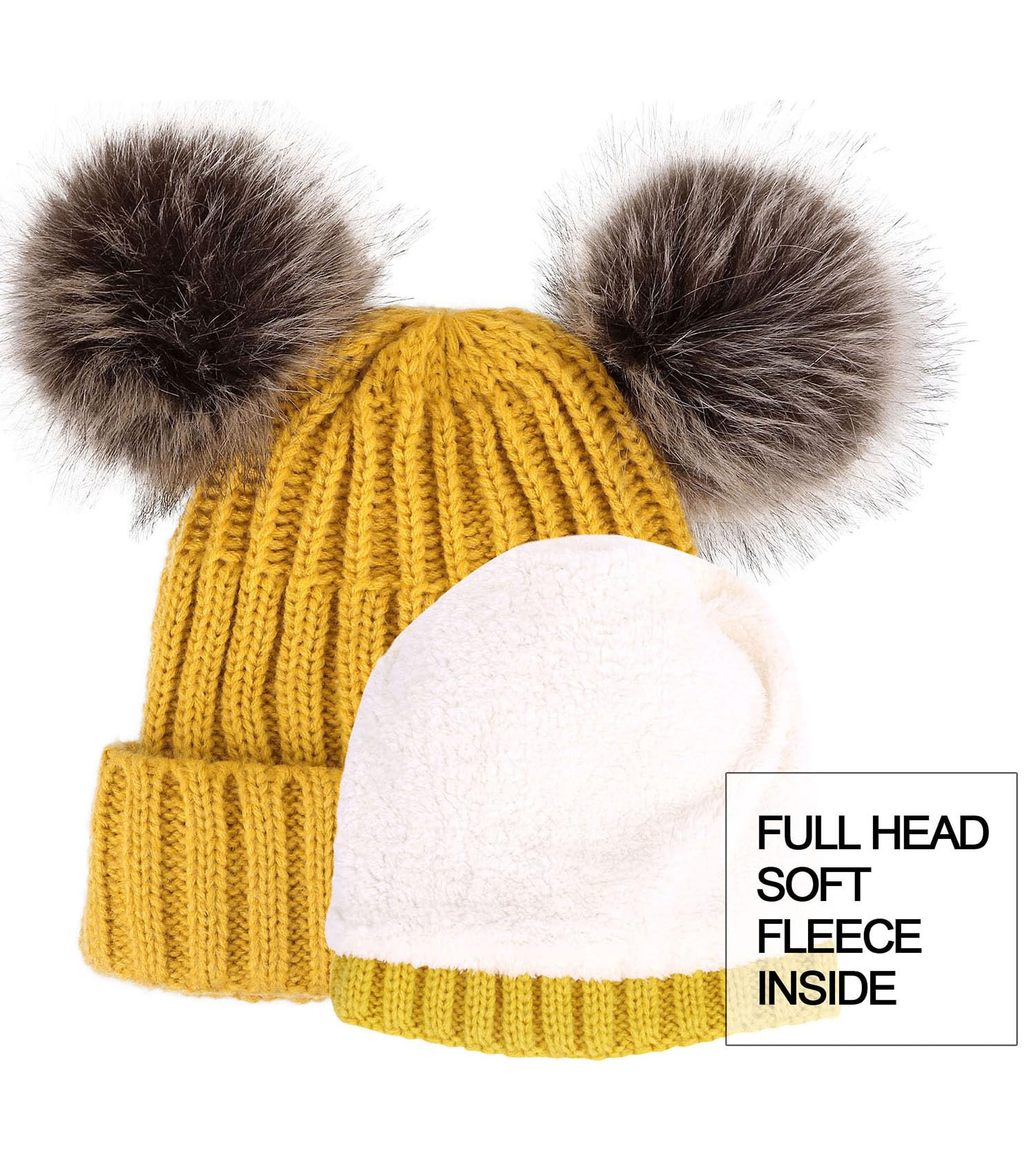 Arctic Paw Beanie for Women Cable Knit Beanie with Faux Fur Pompom Ears Yellow