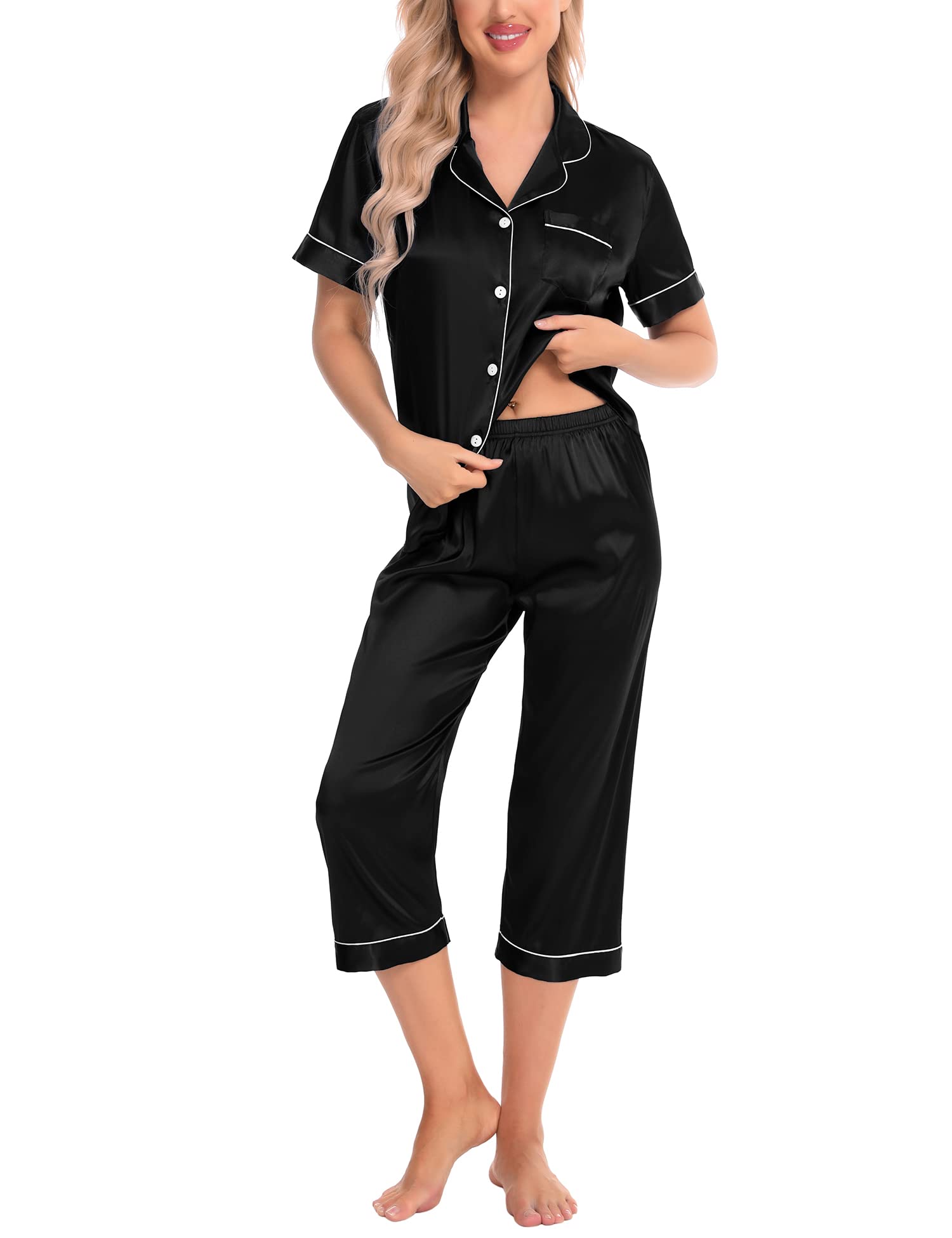 SWOMOG Satin Pajama Set Women Silk Pjs Set Short Sleeve 2 Piece Button Down Sleepwear Lounge Sets Black