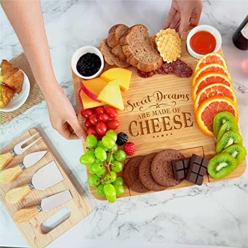 KITCHENVOY Bamboo Cheese Board Set with Slide-Out Drawer, Knife Set, Ceramic Bowls - Sweet Dreams Are Made of Cheese - Charcuterie Boards Gift Set for Christmas, Birthday, Housewarming, Wedding