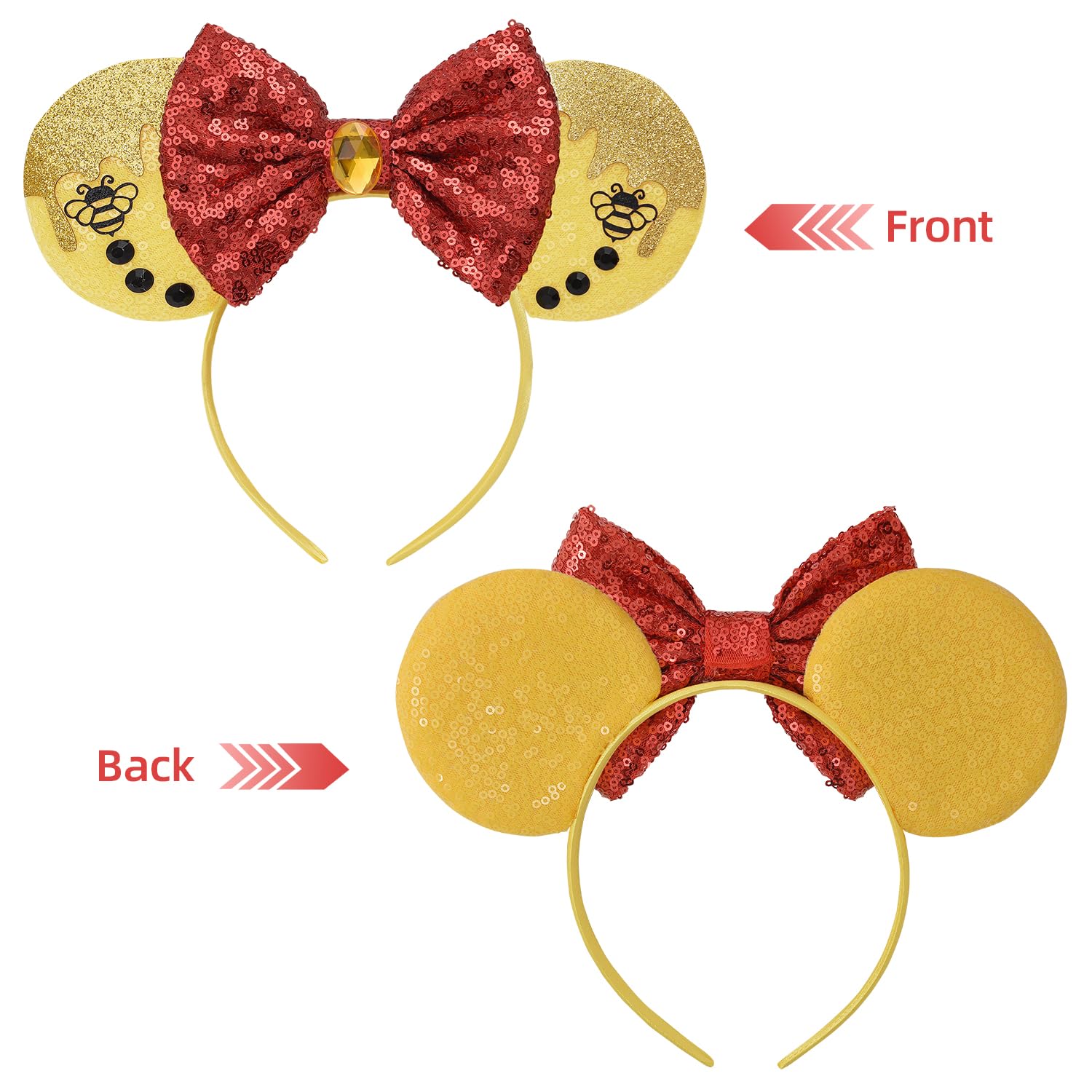 Eisyaa Yellow Winnie Minnie Ears Red Bow Headband, Sparkle Mouse Ears Headbands, Sequin Mice Ears Headband Princess Decoration Cosplay Costume (Winnie/Yellow)