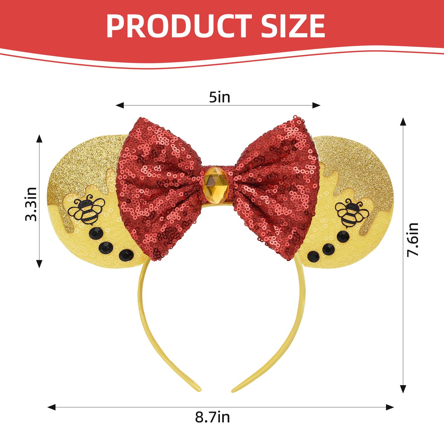 Eisyaa Yellow Winnie Minnie Ears Red Bow Headband, Sparkle Mouse Ears Headbands, Sequin Mice Ears Headband Princess Decoration Cosplay Costume (Winnie/Yellow)