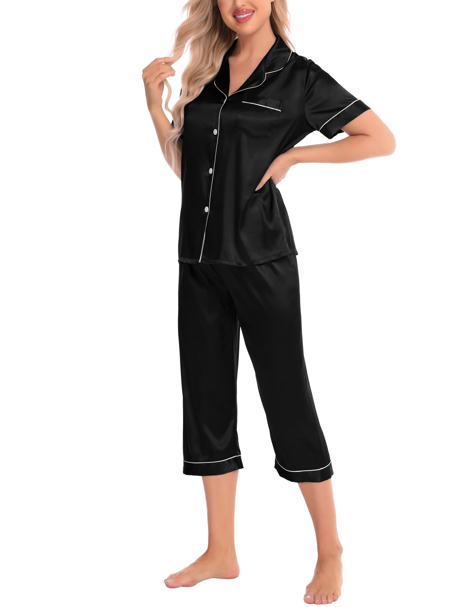 SWOMOG Satin Pajama Set Women Silk Pjs Set Short Sleeve 2 Piece Button Down Sleepwear Lounge Sets Black