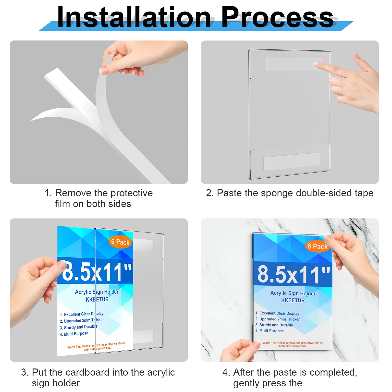 KKEETUR Acrylic Sign Holder 8.5 X 11 Wall Mount, 6 Pack Plexiglass Clear Wall Sign Holder, Premium Frame Plastic Door Sign Holders with 12 Pcs Double Sided Tape Adhesive (No Drilling)