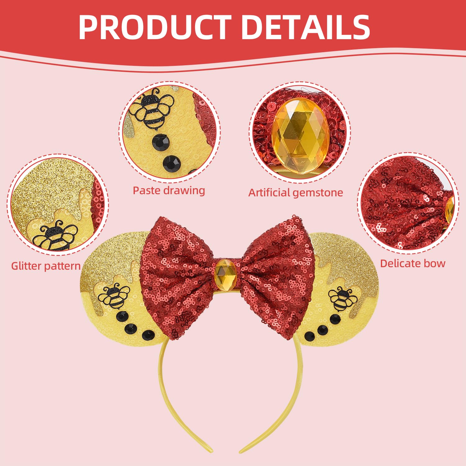 Eisyaa Yellow Winnie Minnie Ears Red Bow Headband, Sparkle Mouse Ears Headbands, Sequin Mice Ears Headband Princess Decoration Cosplay Costume (Winnie/Yellow)