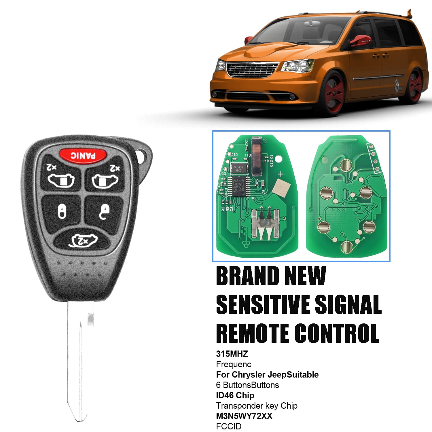 Car Keyless Entry Remote Keys Replacement fit for Chrysler Town and Country Dodge Caravan/Grand Caravan 2004 2005 2006 2007 (P/N: M3N5WY72XX) Set of 2