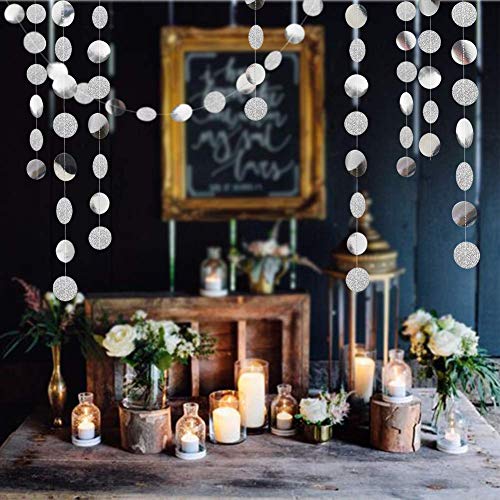 Decor365 Glitter Silver Circle Dots Garland Hanging Polk Dot Streamer Party Decoration String Banner Backdrop for Birthday/Wedding/Baby Shower/Engagement/Bridal Shower/Graduation/Bday/Bachelorette