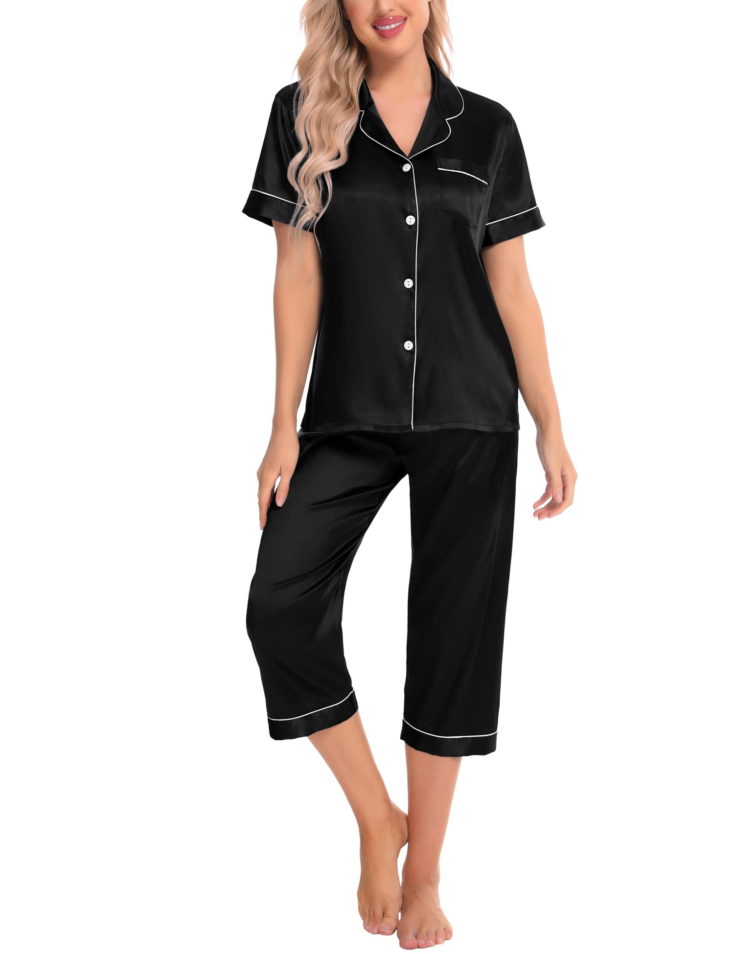 SWOMOG Satin Pajama Set Women Silk Pjs Set Short Sleeve 2 Piece Button Down Sleepwear Lounge Sets Black