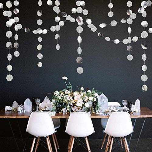 Decor365 Glitter Silver Circle Dots Garland Hanging Polk Dot Streamer Party Decoration String Banner Backdrop for Birthday/Wedding/Baby Shower/Engagement/Bridal Shower/Graduation/Bday/Bachelorette