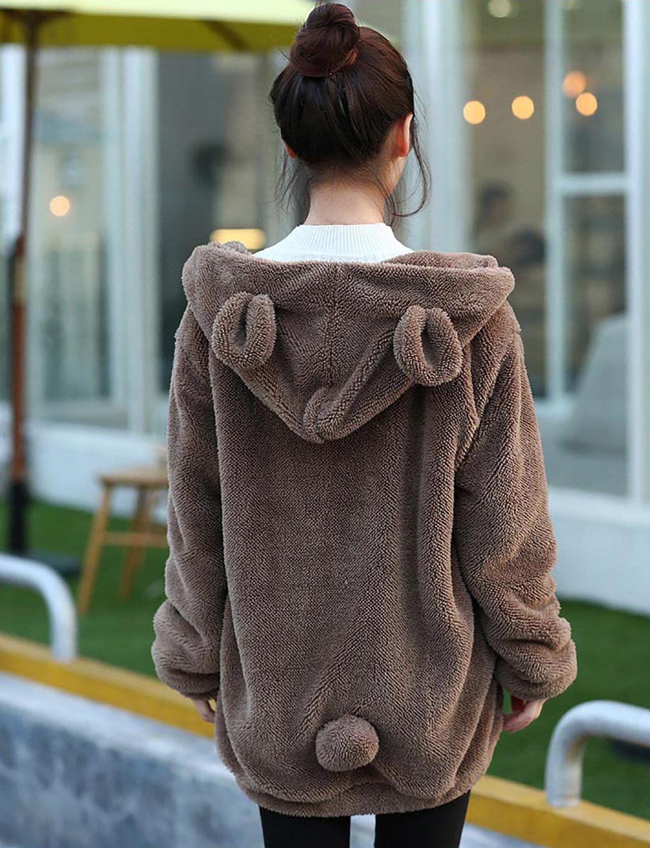 Women Fashion Bear Tail Hoodies,Fluffy Double Velvet Winter Rabbit Ear&Tail Shape Warm Tail Jacket,Long Sleeve Hooded Sweatshirt sweater (brown bear)