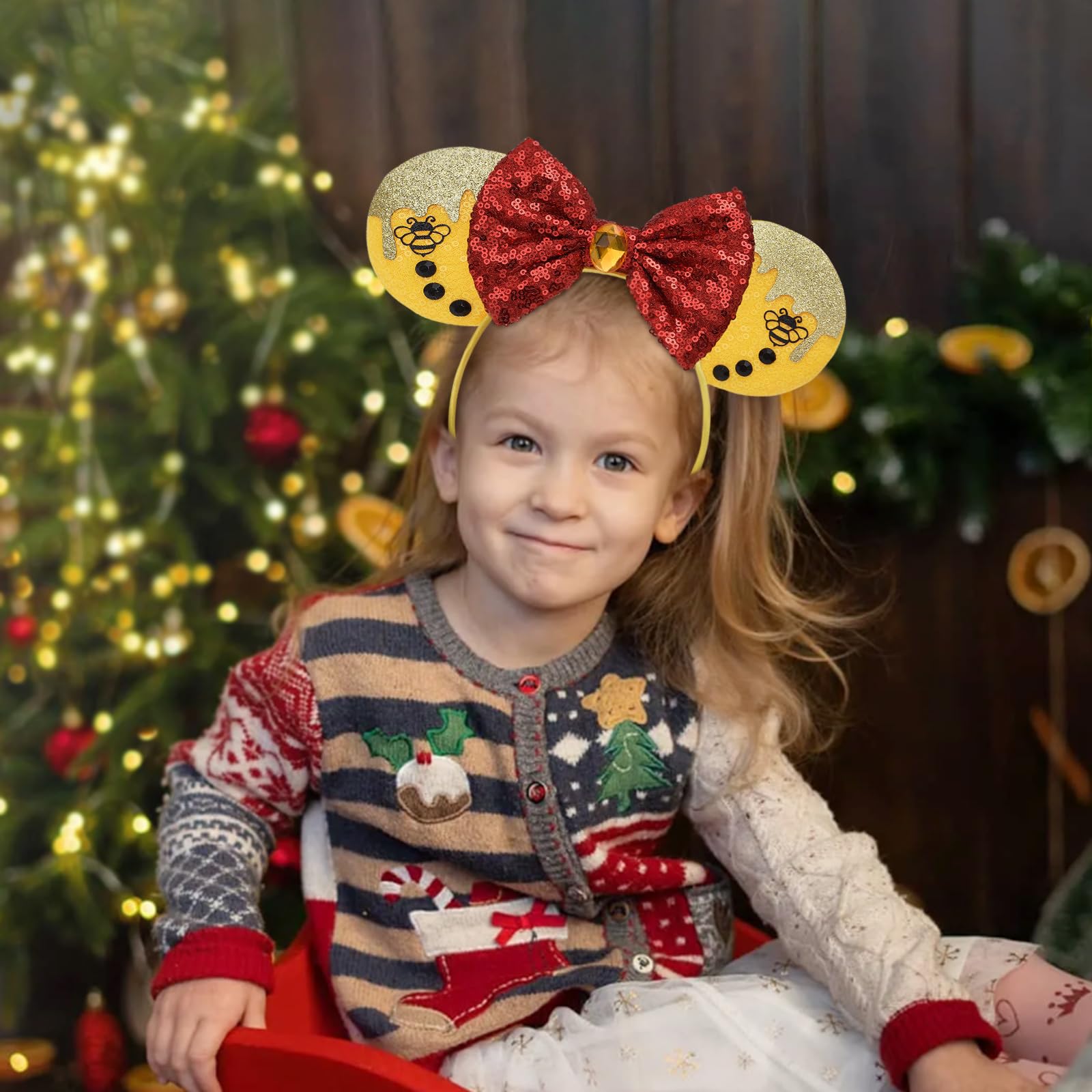 Eisyaa Yellow Winnie Minnie Ears Red Bow Headband, Sparkle Mouse Ears Headbands, Sequin Mice Ears Headband Princess Decoration Cosplay Costume (Winnie/Yellow)