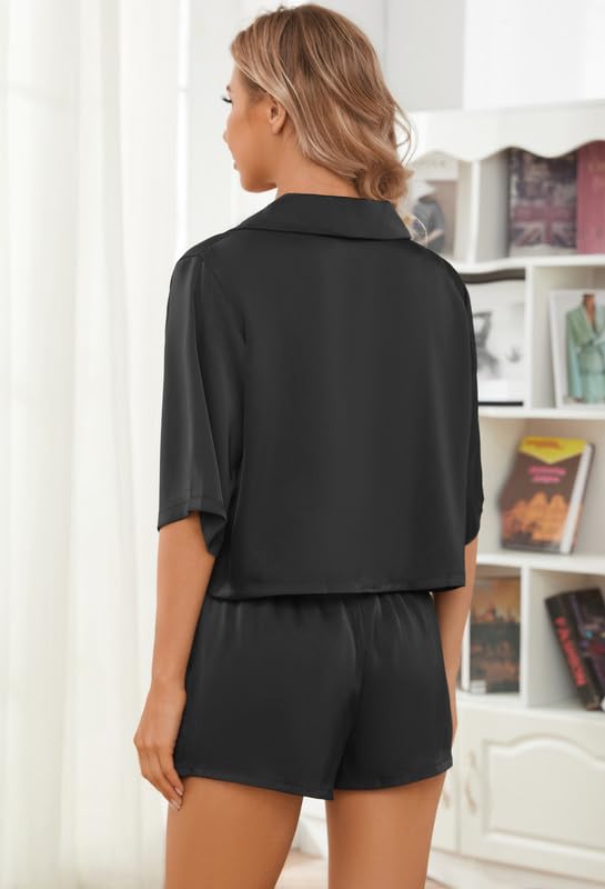 U2SKIIN Women Silk Pajama Shorts Set, 5-inch Sleeve Pajamas Soft Button Down Satin Sleepwear Pjs Set 2 Piece(Black, M)