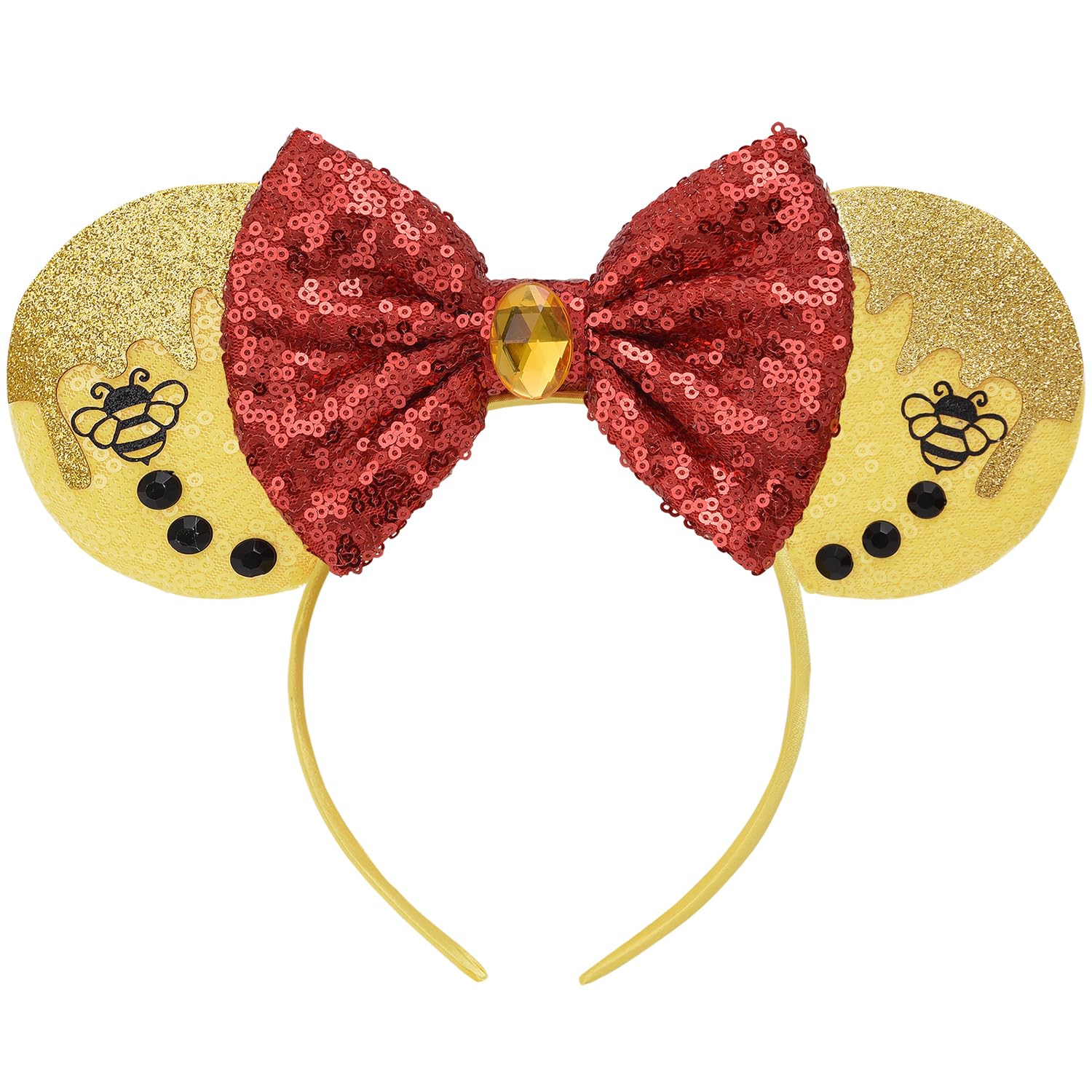 Eisyaa Yellow Winnie Minnie Ears Red Bow Headband, Sparkle Mouse Ears Headbands, Sequin Mice Ears Headband Princess Decoration Cosplay Costume (Winnie/Yellow)