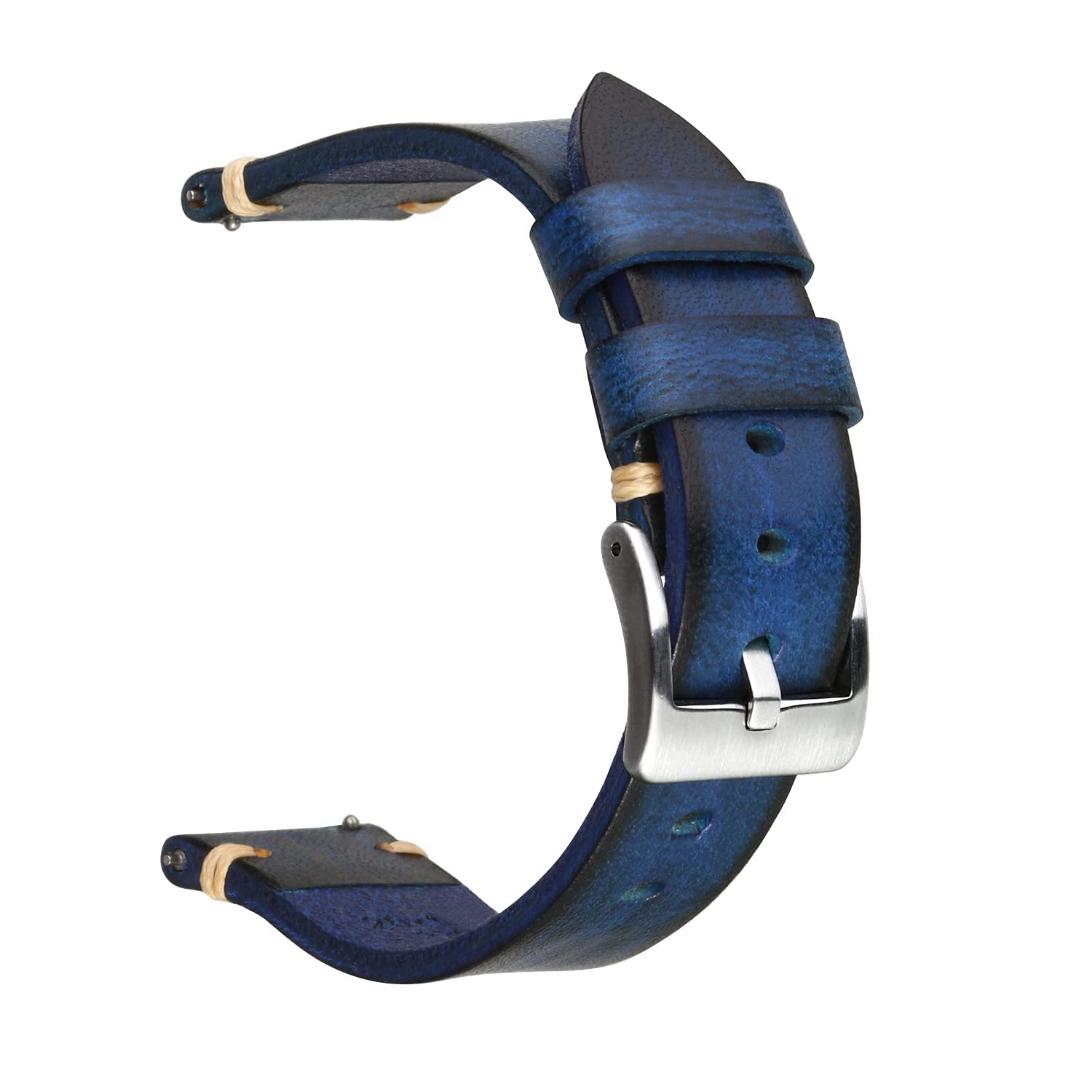 Berfine 20mm Retro Handmade Watch Band, Quick Release Vintage Leather Watch Strap Replacement,Blue
