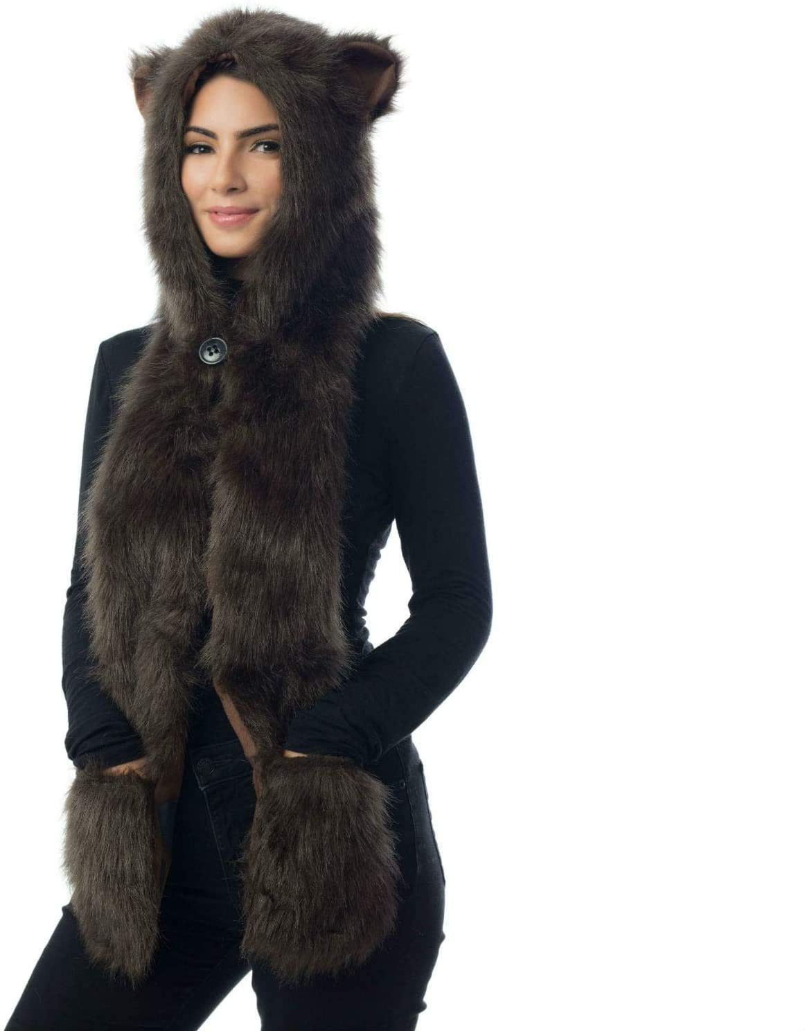 Brown Bear Full Animal Hood Hoodie Hat Faux Fur 3 in 1 Function