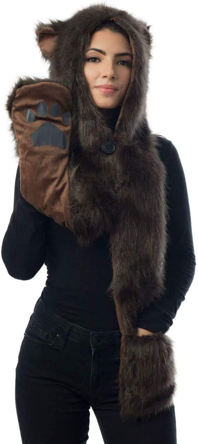 Brown Bear Full Animal Hood Hoodie Hat Faux Fur 3 in 1 Function
