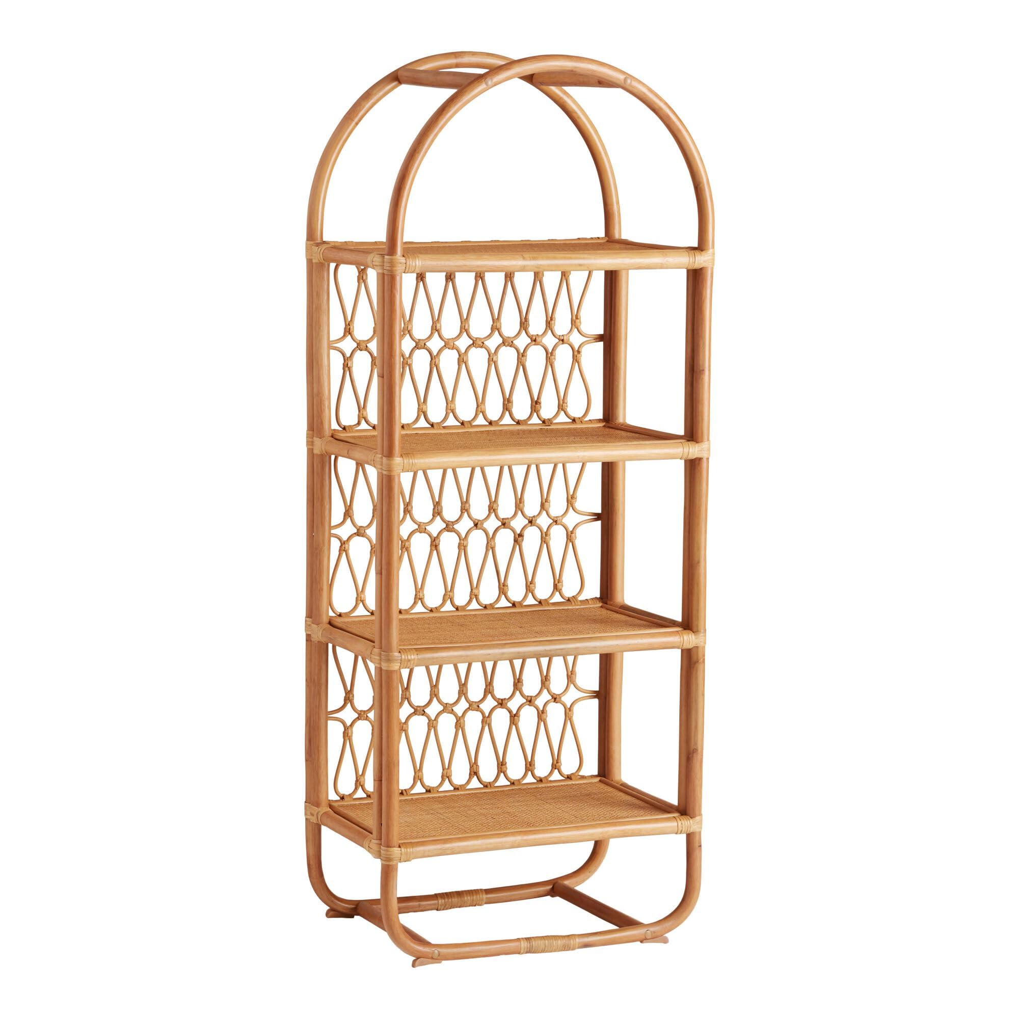 Rattan Arched Bookshelf, 4-Tier Tall Rattan Bookshelf, Free Standing Storage Unit, Bookcase Home Decor Furniture for Home Office, Living Room, Bedroom, Study