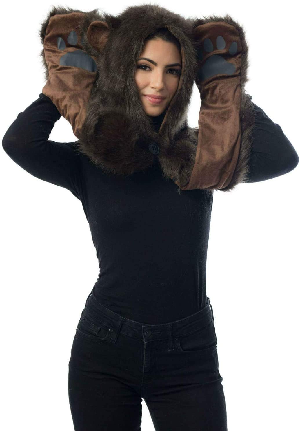 Brown Bear Full Animal Hood Hoodie Hat Faux Fur 3 in 1 Function