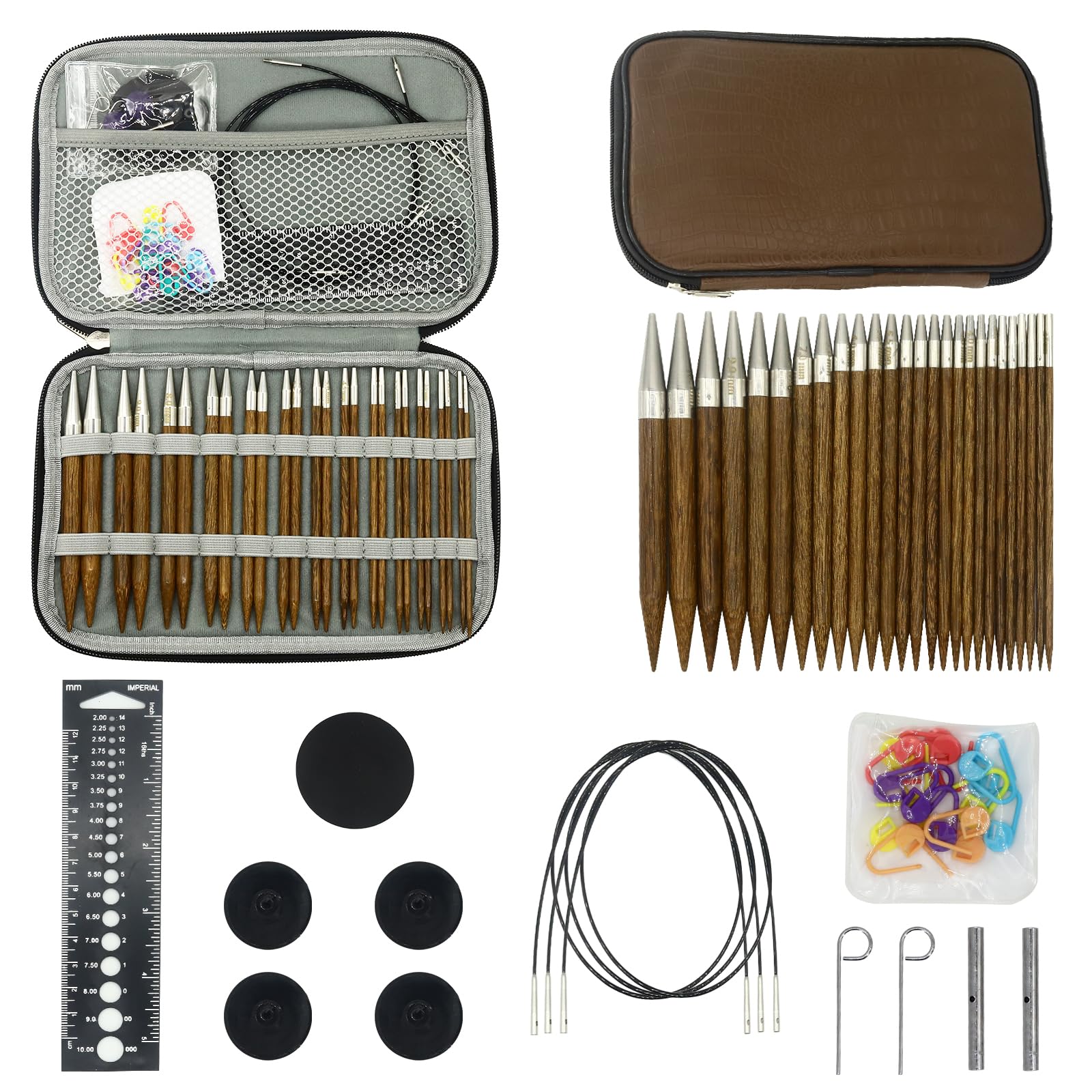 Ruidi 13 Pair Wing-Wood Round Interchangeable Loop Knitting Needle Set