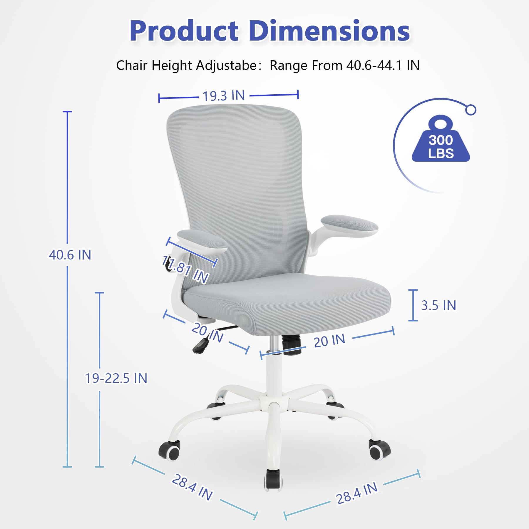 Hyrestii Home Office Chair Ergonomic Desk Chair with Lumbar Support, Breathable Mid-Back Comfortable Mesh Computer Chair with PU Silent Wheels, Flip-up Armrests, Tilt Function