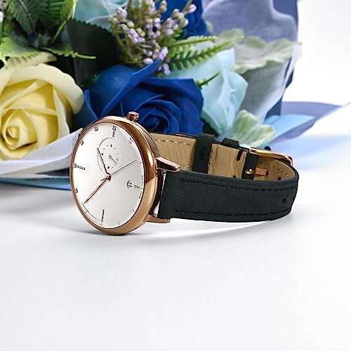 ANNEFIT Genuine Leather Watch Strap for Women, Quick Release Replacement Band 14mm (Black)