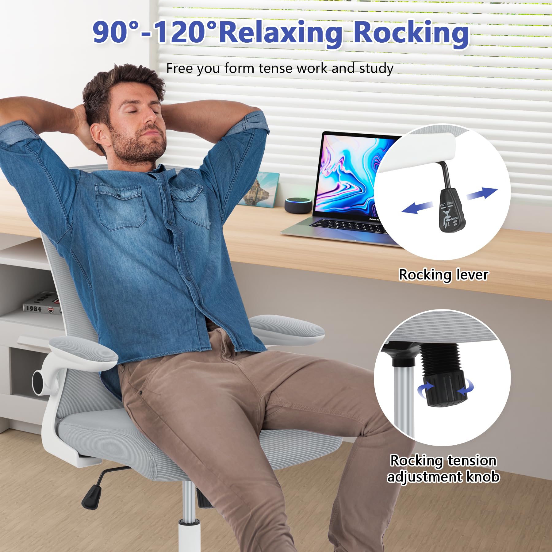 Hyrestii Home Office Chair Ergonomic Desk Chair with Lumbar Support, Breathable Mid-Back Comfortable Mesh Computer Chair with PU Silent Wheels, Flip-up Armrests, Tilt Function