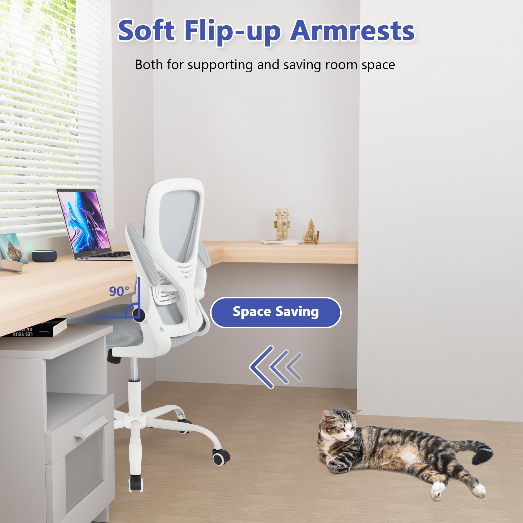 Hyrestii Home Office Chair Ergonomic Desk Chair with Lumbar Support, Breathable Mid-Back Comfortable Mesh Computer Chair with PU Silent Wheels, Flip-up Armrests, Tilt Function